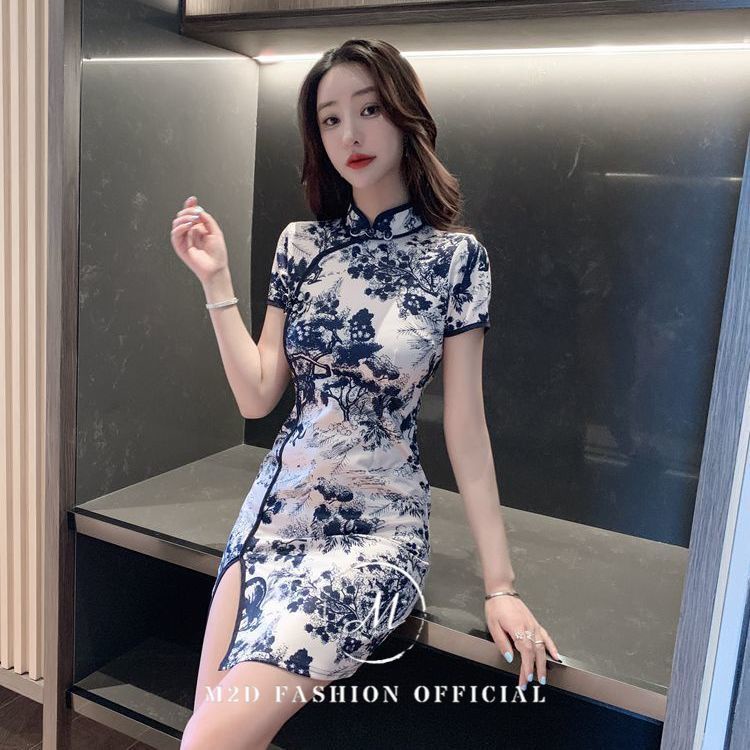 【CNY】Front Slit Mini Qipao Blue White Floral Print Modified Cheongsam ...