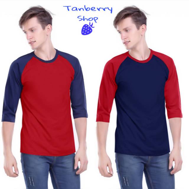 Raglan Shirt Plain 3 / 4 Sleeve Navy Red Color Combination | Shopee ...