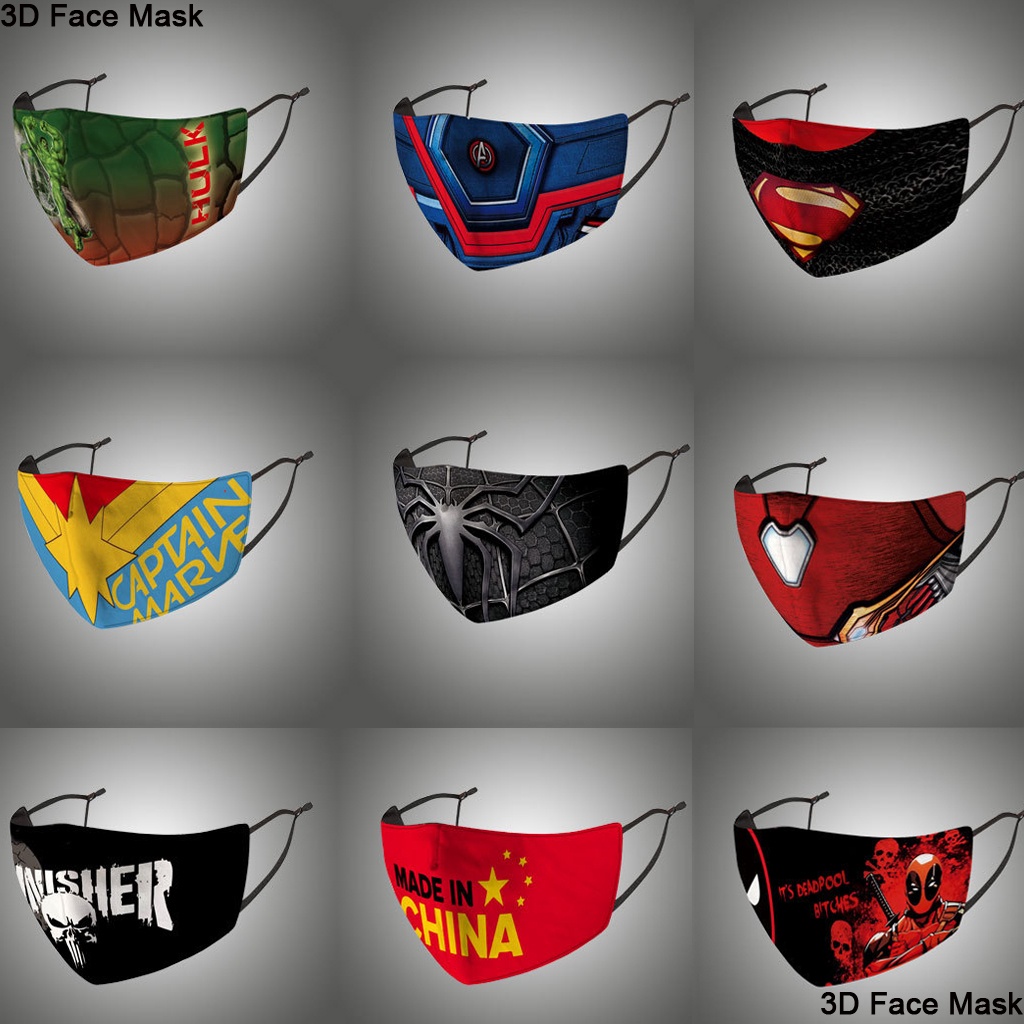 Reuseable 3D Printed Design Face Mask Spiderman Superman Washable Silk ...