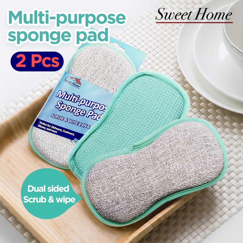 [2pcs]Multi-purpose sponge pad Scrub and wipe 2 in 1 washing cloth rag ...