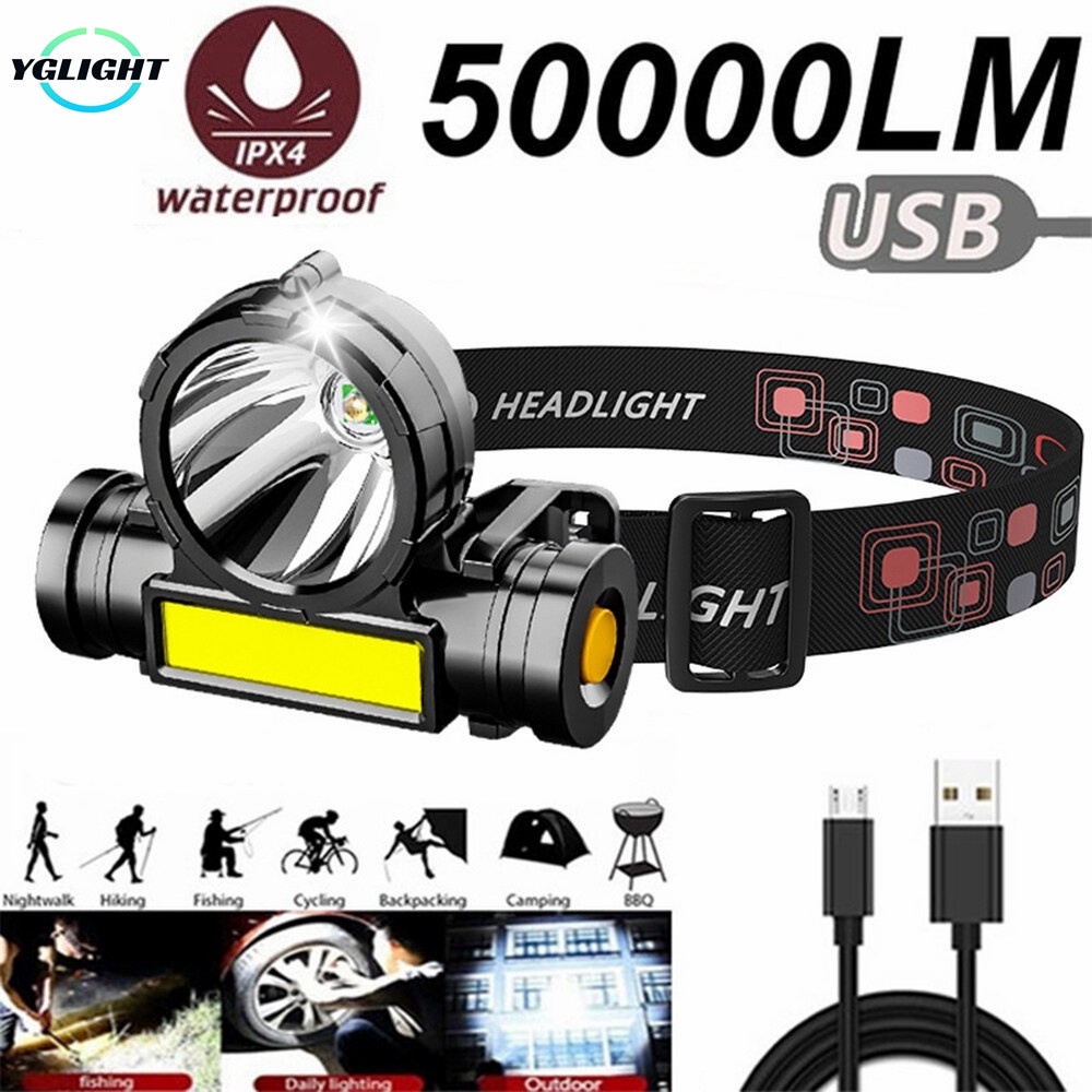 50000lm Head lamp Multifunctional flashlight Rechargeable Led head ...