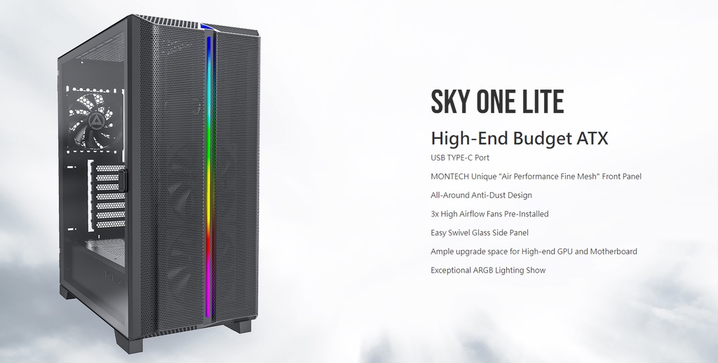 Montech Sky One Lite Tempered Glass ATX Gaming Mid Tower ARGB Lighting ...