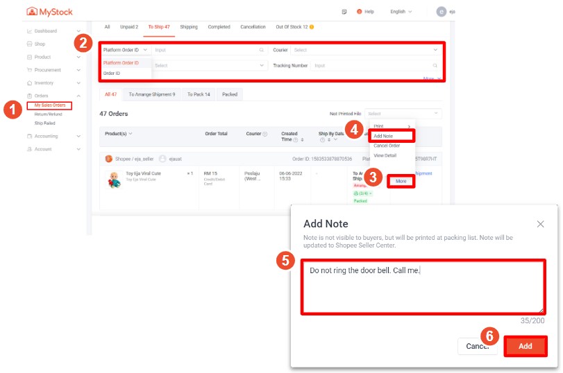 MyStock: How to add notes from the buyers? | Shopee MY Seller Education Hub