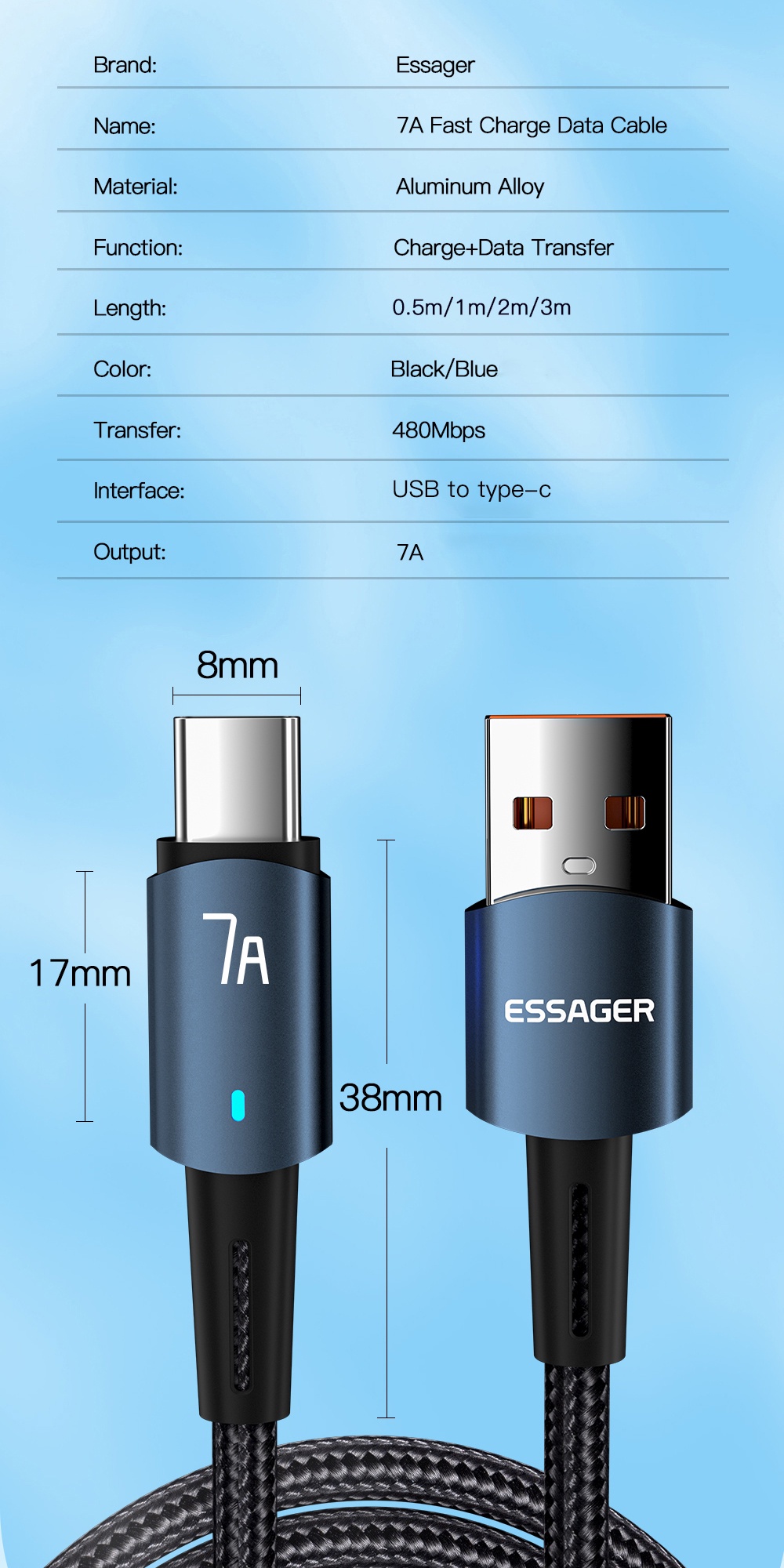 Essager 7A 100W Type c cable charging Led fast charging cable usb to ...