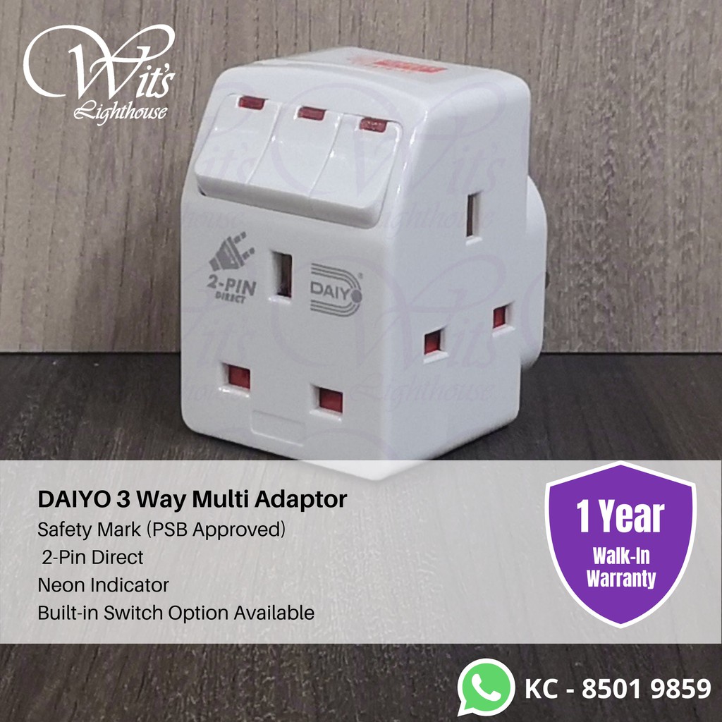 3 Way Multi Adaptor with Neon Indicator, 2 Pin Direct (Switch Option ...