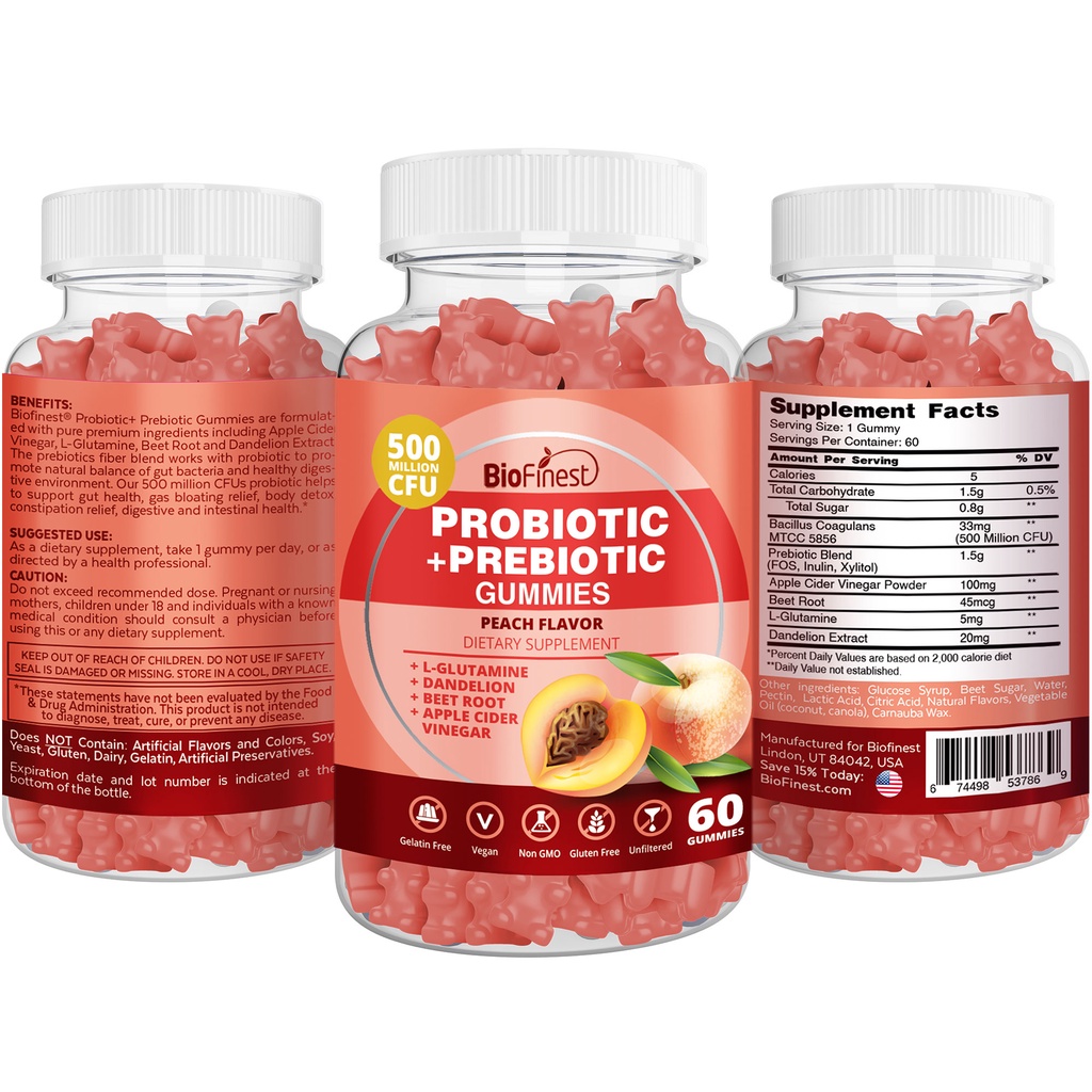 Biofinest Probiotic Prebiotic Gummy Supplement - 500m CFUs Apple Cider ...