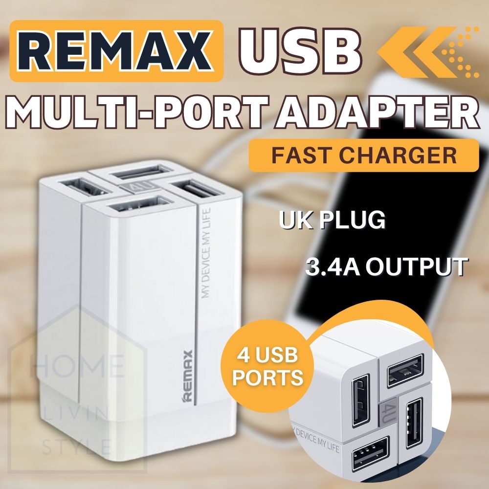 REMAX USB Multi-Port Adapter Fast Charger 4 USB Ports UK Plug | Shopee ...