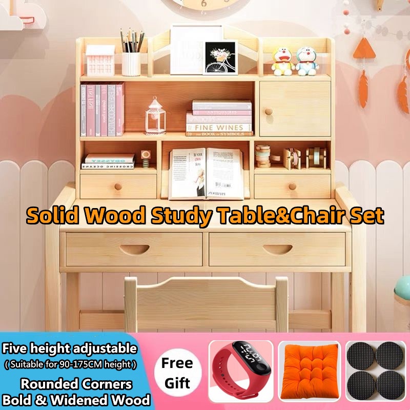 Children's Solid Wood Study table Liftable Writing Table Desk Set ...