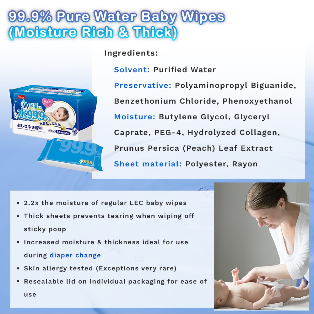 LEC 99.9% Pure Water Baby Wipes / Wet Tissue / Wet Wipes / Sensitive Skin / Skin Allergy / Baby ...