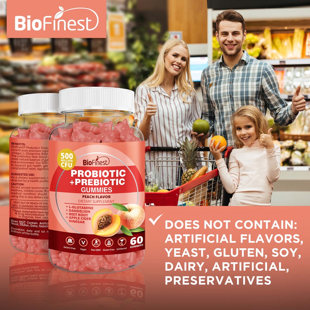 Biofinest Probiotic Prebiotic Gummy Supplement - 500m CFUs Apple Cider ...