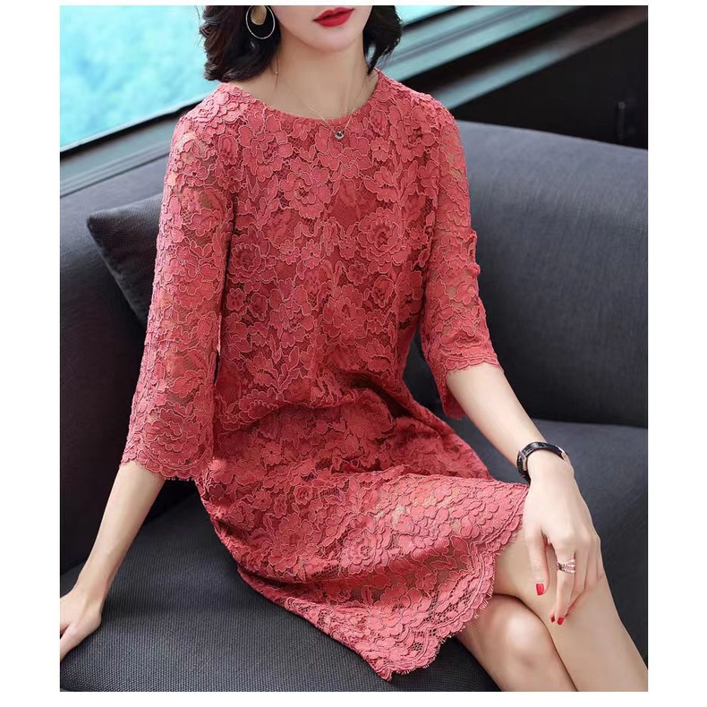 Elegant Short Sleeve Lace Dress Summer Plus Size Loose 7 Point Sleeve ...