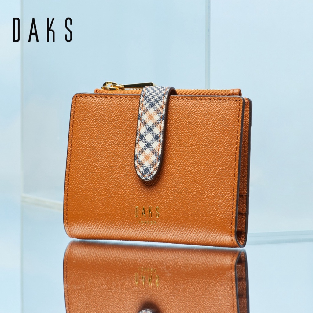 [DAKS] Brown Leather Color Check Double Zipper Veru Half Wallet Card ...
