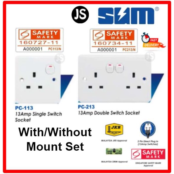 SUM 3-Pin 13A Single/Double Switch Wall Socket Outlet With/Without ...