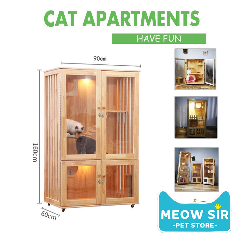 Cat House Cage Villa Solid Wood Household Cabinet Indoor Three Storey