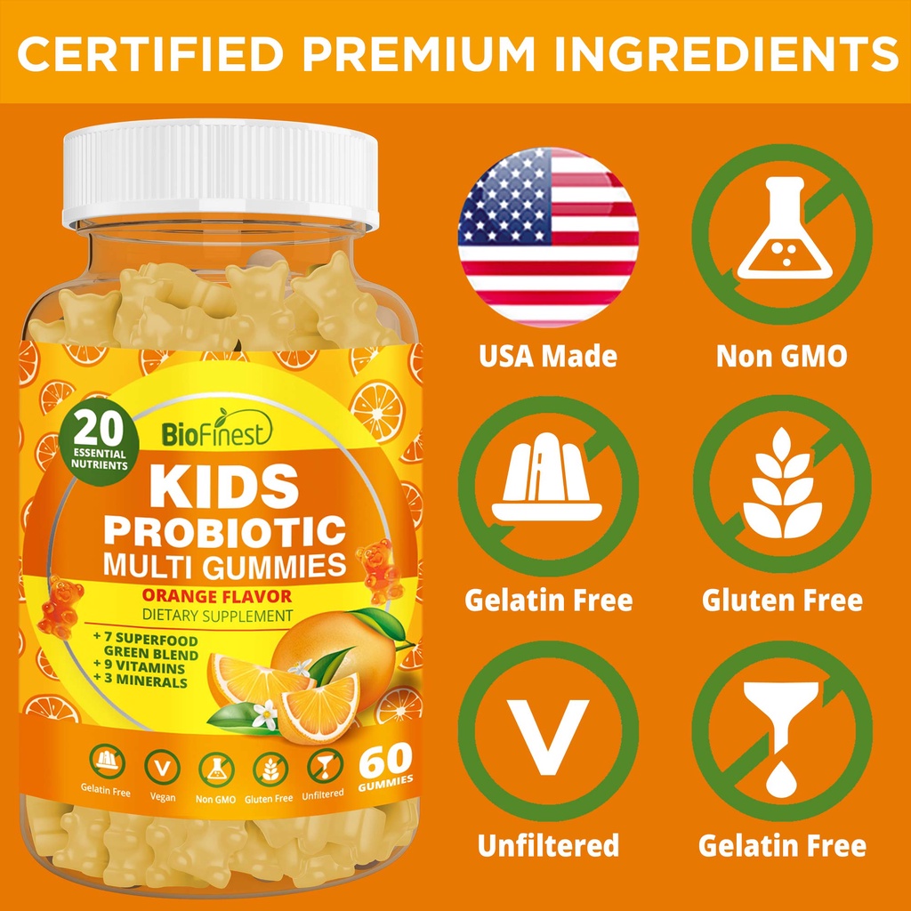Biofinest Kids Probiotic MultiVitamins Green Superfood Gummy Supplement ...