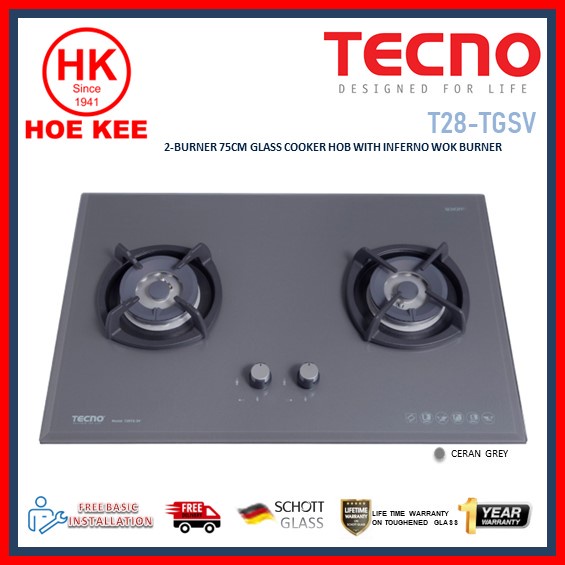 Tecno T28TGSV 2-Burner 75cm Glass Hob with Inferno Wok Burner ...