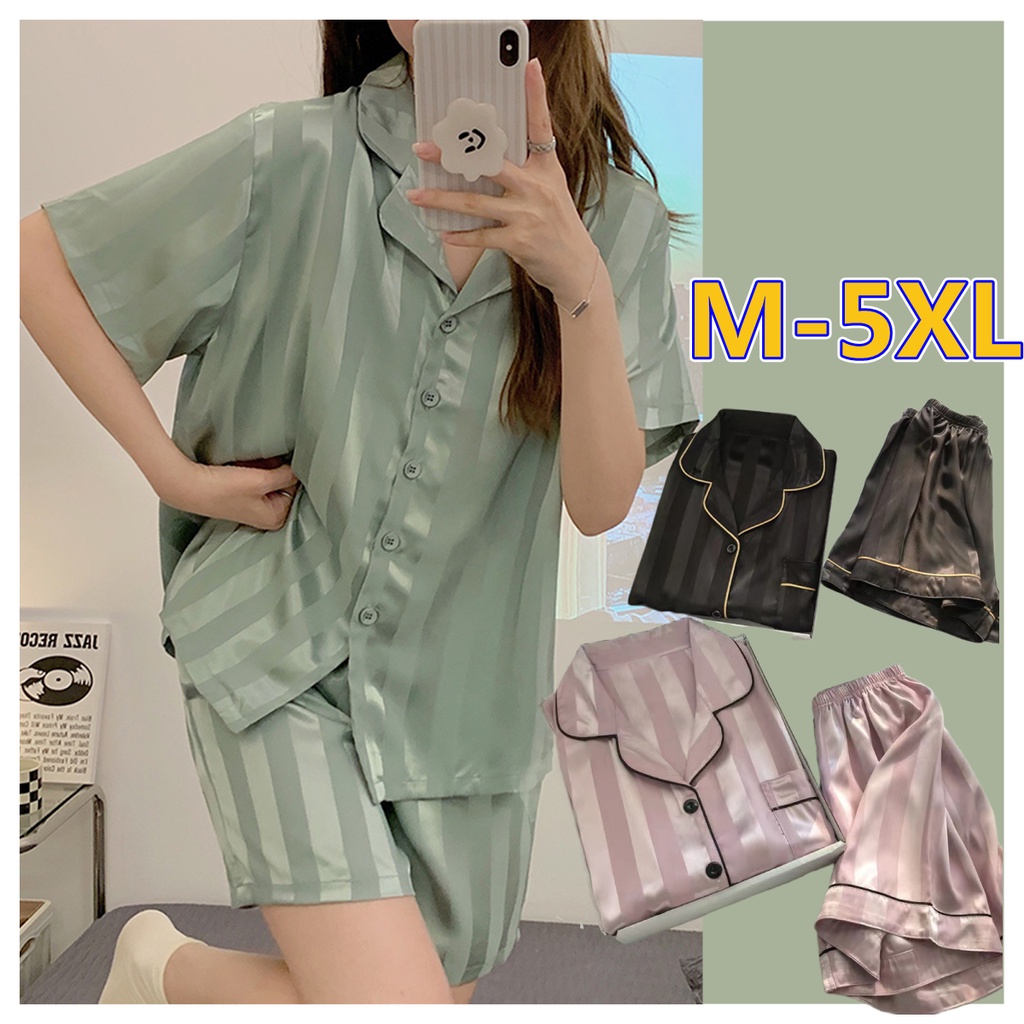 Pyjamas Women Plus Size Pajamas M-5XL Silk Satin Short Sleeve Sleepwear ...