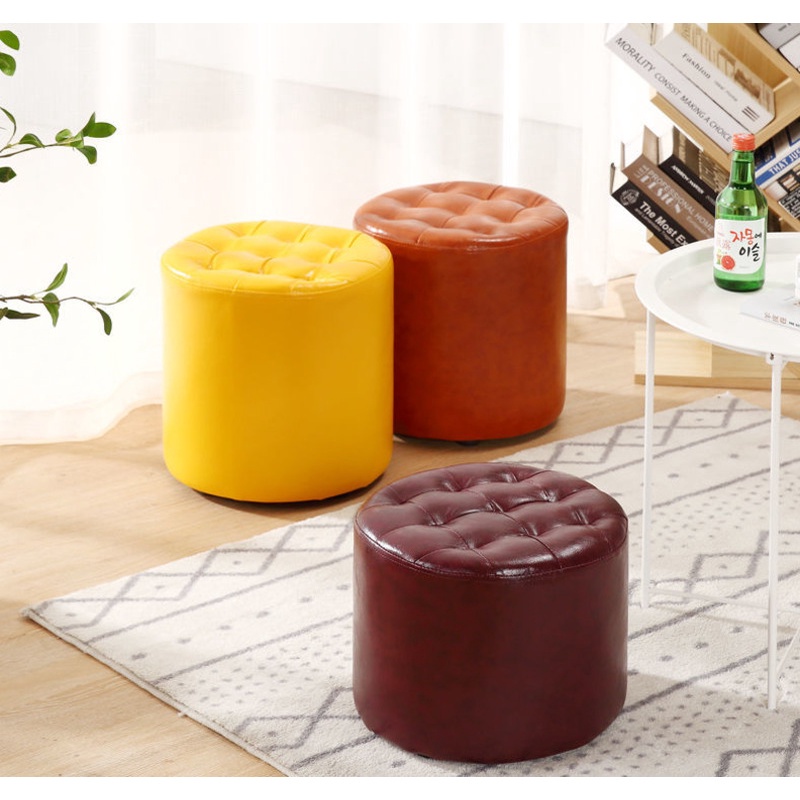 Stool Leather Stool Round Stool Home Sofa Stool Solid Wood Leather Pier ...