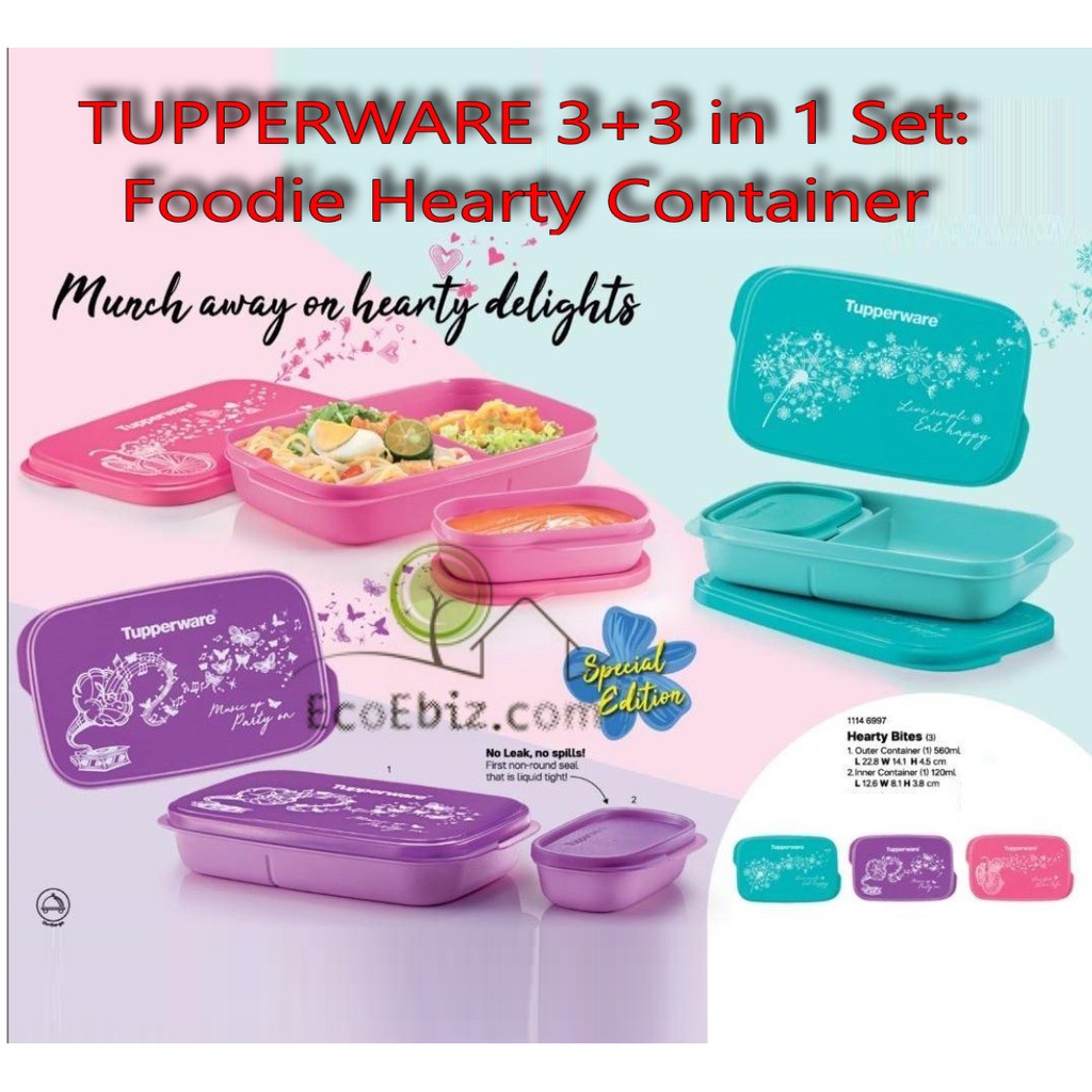 TUPPERWARE 3+3 in 1 Set: Foodie Hearty Container 560ml X3 + Inner 120ml ...