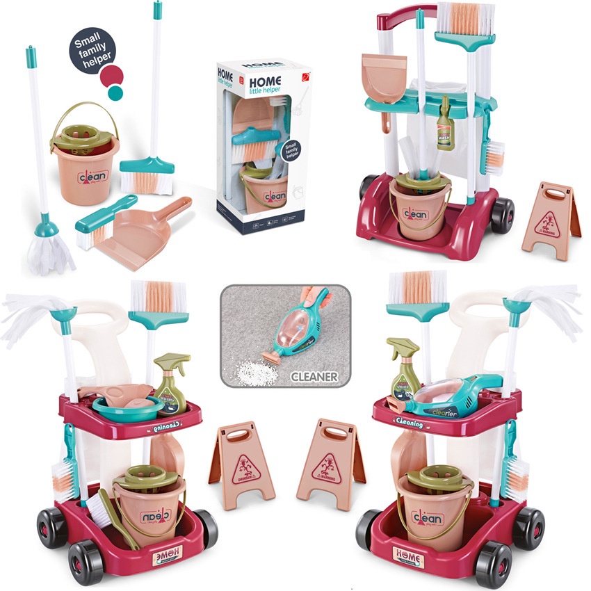 Kids Cleaning Trolley Cart with Mop & Brush Role Toy Set With Cleaning ...