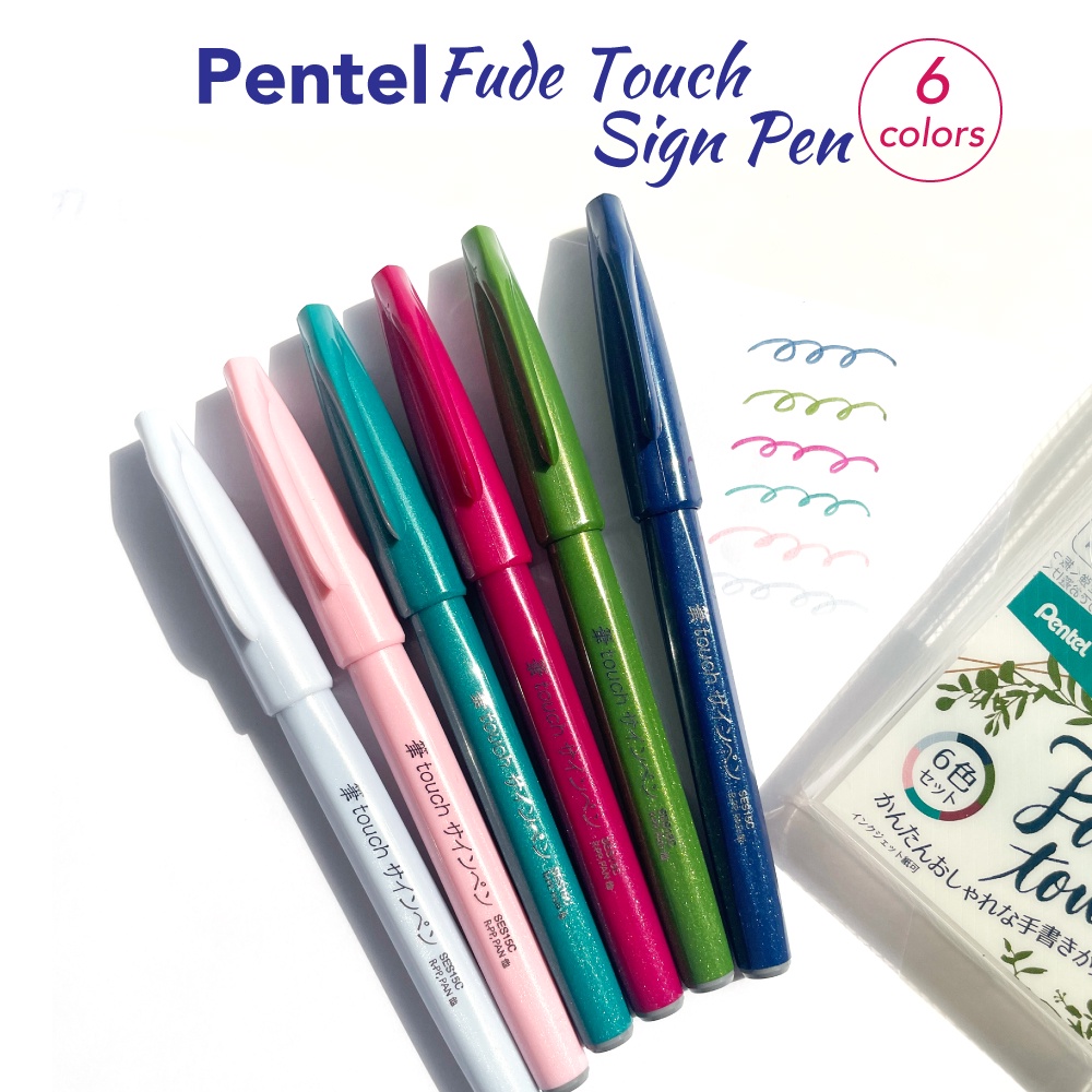 Pentel Fude Touch Sign Pen Calm Color 6 Color Set SES15C-6STB Semi ...
