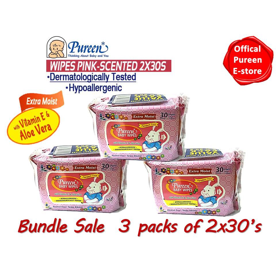 Pureen Baby Scented Pink Wipes 2x30s x 3 Packs Bundle Sale | Shopee ...