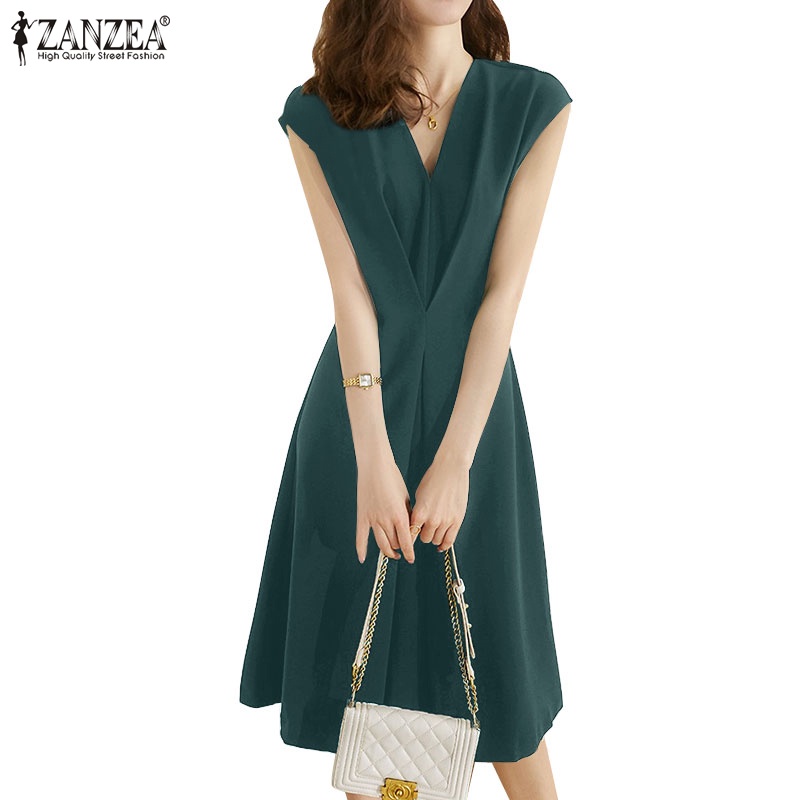 ZANZEA Women Solid Fashion Back Zipper Casual V Neck Sleeveless Midi ...