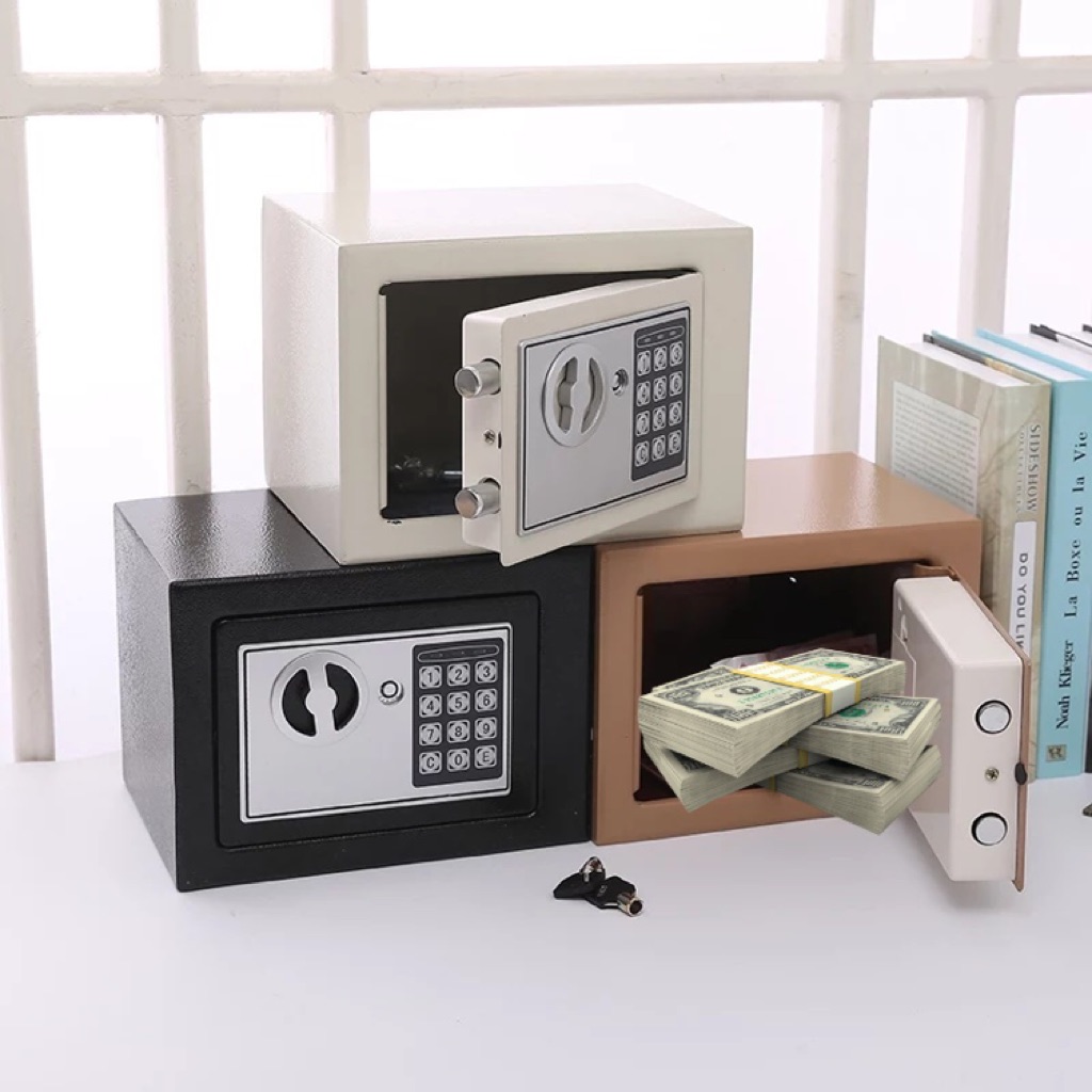 Small digital safe deposit box use keypad and key lock black white ...