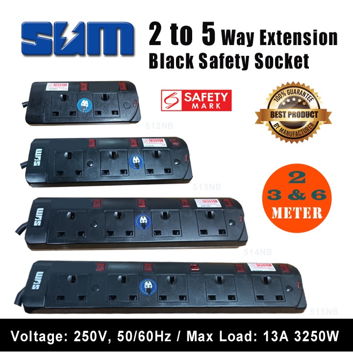2 to 5 Way Extension Safety Black Socket with Safety Mark (2, 3 & 5 ...