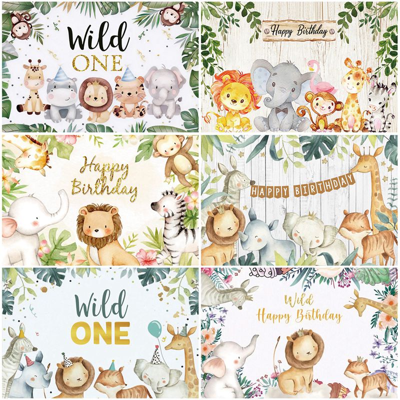 150x100cm Jungle Safari Animal Happy Birthday Backdrop Birthday Party ...