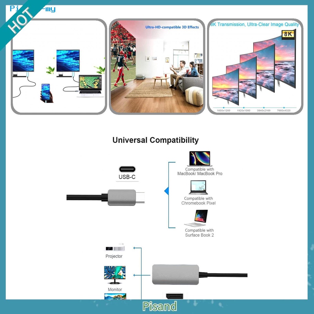 Pisand Wide Compatibility Type-C to DisplayPort Cable 8K 30Hz PC ...