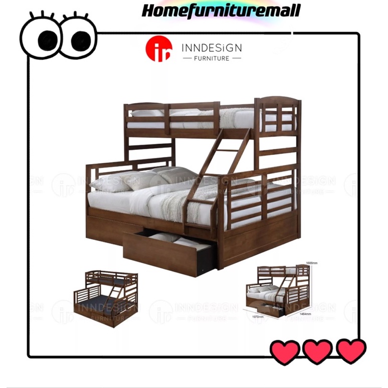 Solid Rubber Wooden Queen and Single Size Bunk Bed With 2 Drawers ...