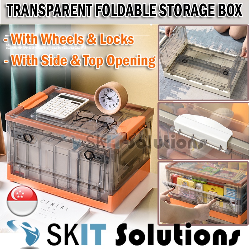Transparent Foldable Storage Box w/ Wheels & Lock, Crate Organizer ...