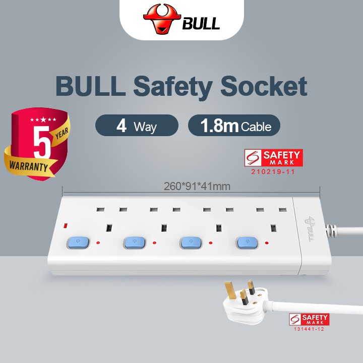 Bull Safety Socket 4 Way (1.8 Meters Cable) Extension Cord Socket ...