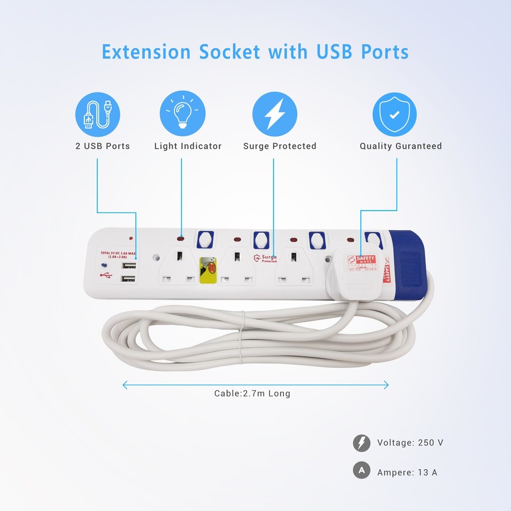 [SG seller] HOYO 4 & 6 ways extension power socket with 2 USB ports 3M ...