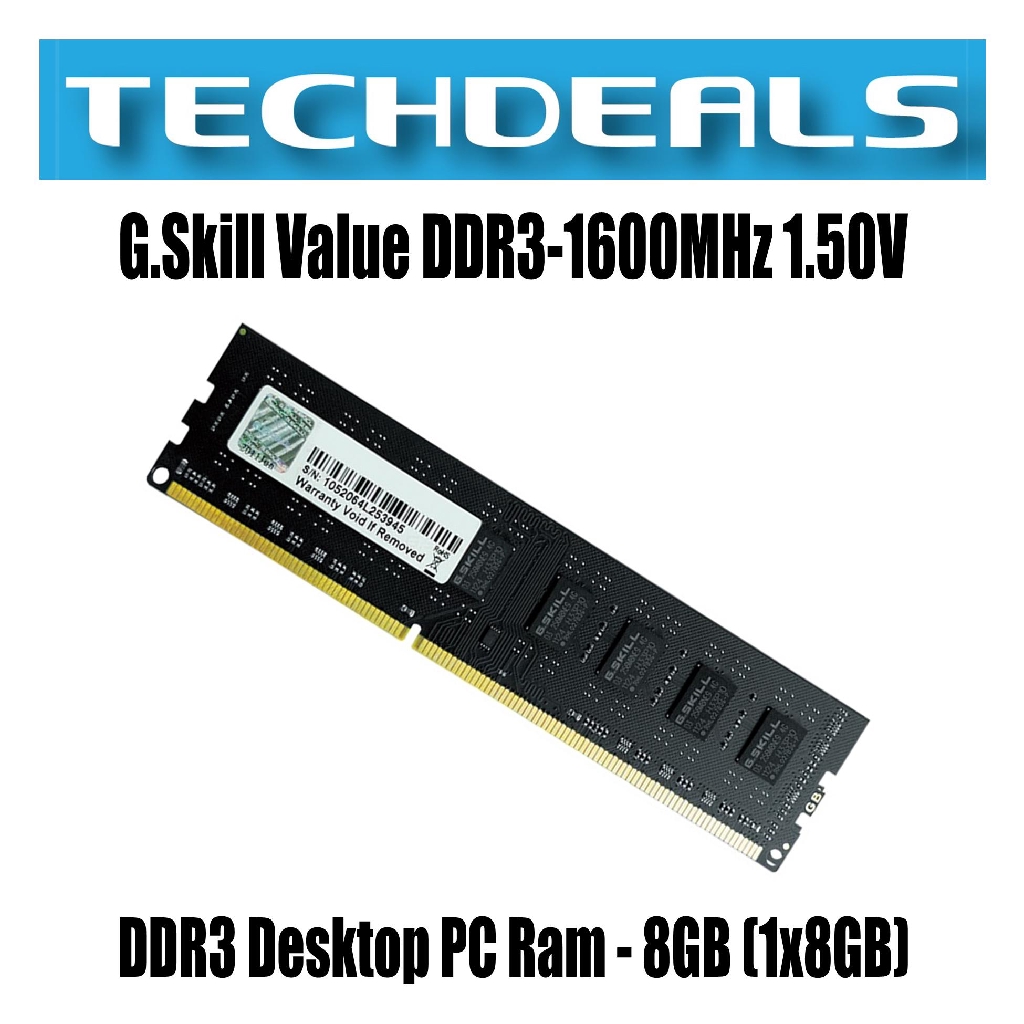 G.Skill Value DDR3-1600MHz 1.50V DDR3 Desktop PC Ram - 8GB (1x8GB ...