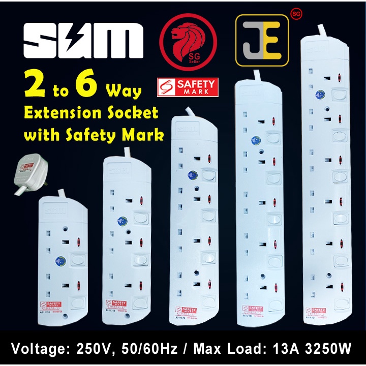 2 to 6 Way Extension Safety Mark Socket (2, 3 & 6 Meter) | Shopee Singapore