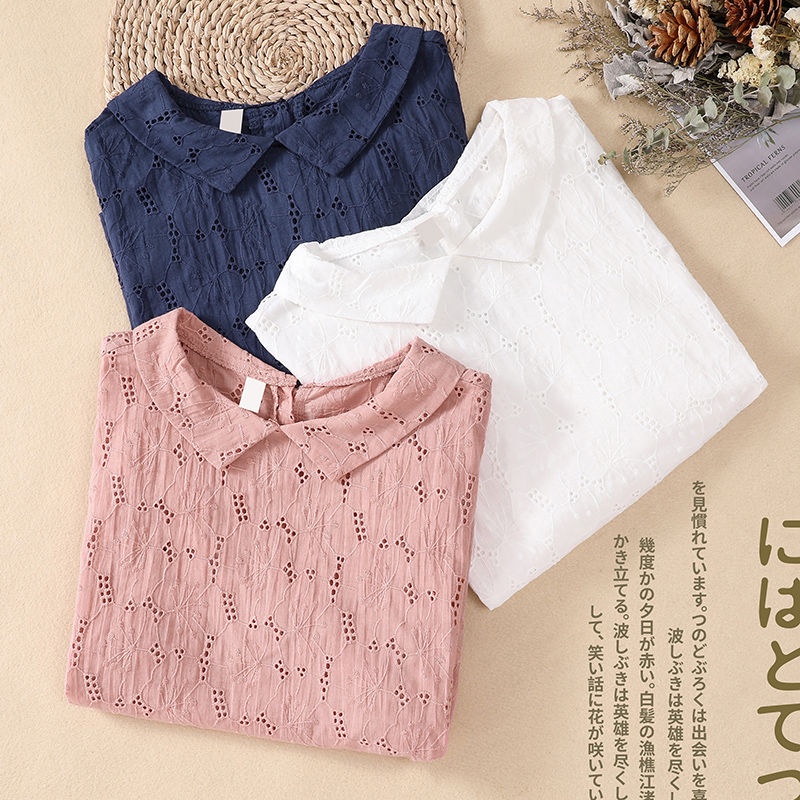 Cotton and Linen Blouse Hollow Jacquard Short Sleeve Shirt Women ...