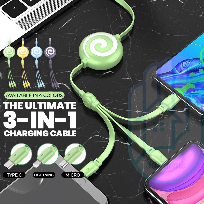 [SG] 3 in 1 Retractable Fast Charging Cable / Type C Lighting Micro USB ...