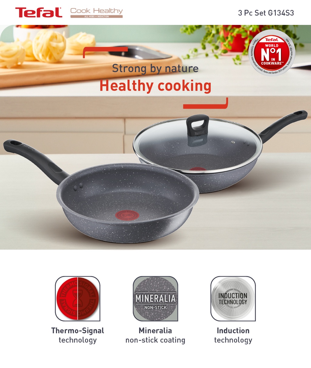 Tefal Cook Healthy 3pcs Set Frypan 24cm + Wokpan 28cm w/lid G134S3 | Shopee Singapore
