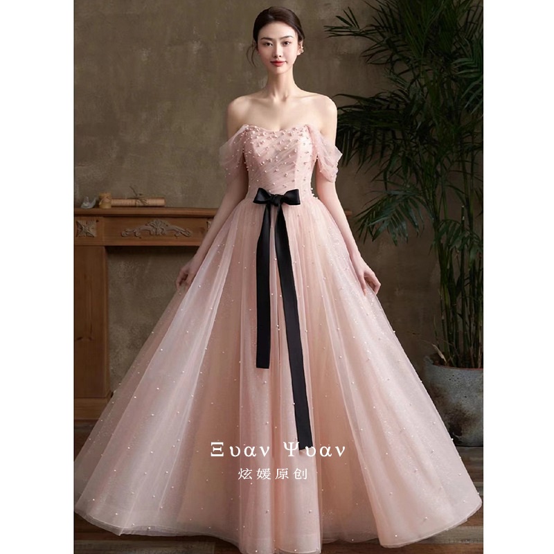 Off Shoulder Pink Banquet Evening Dress Fairy Temperament Student ...