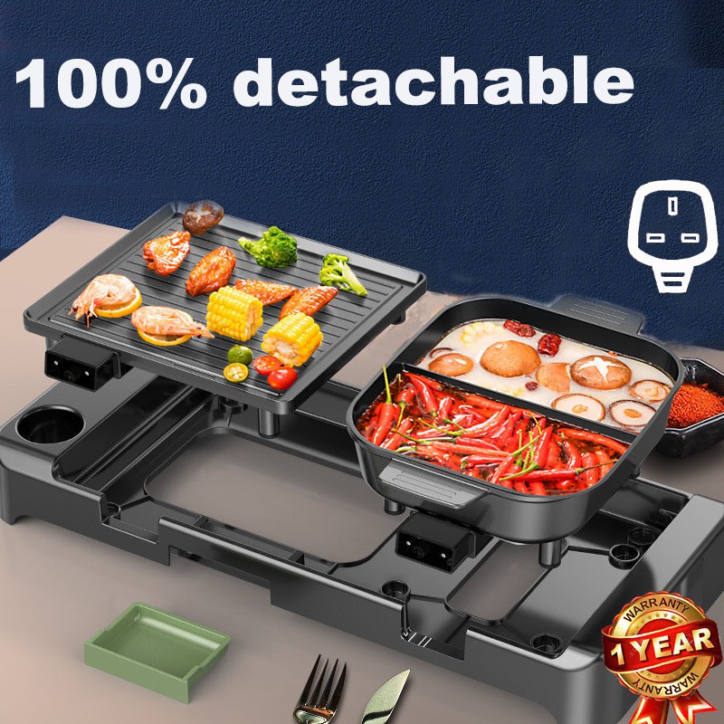 100% Detachable Electric BBQ Grill and Steamboat Indoor Smokeless ...