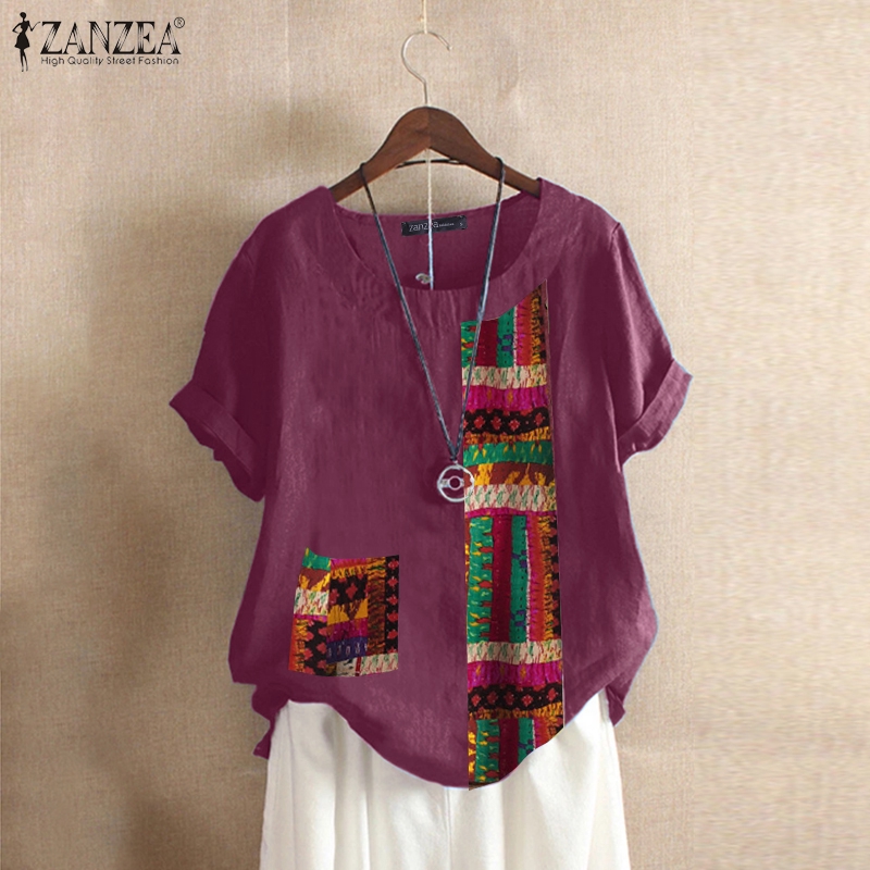 Zanzea Women Round Neck Vintage Short Sleeve Printed Blouse Shopee