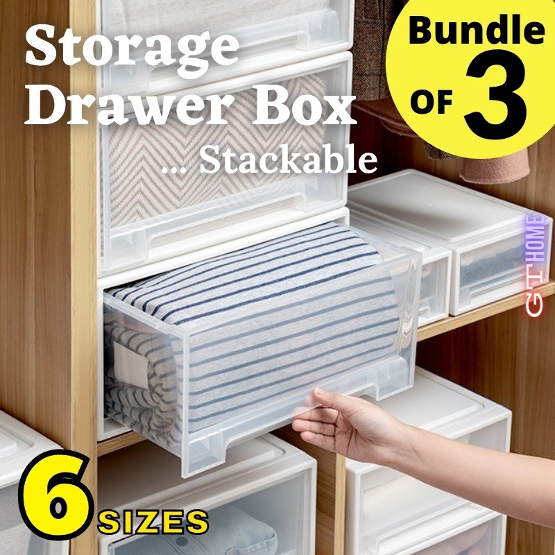 [Bundle of 3] Stackable Plastic Storage Drawer Box for Cabinet | Shopee ...