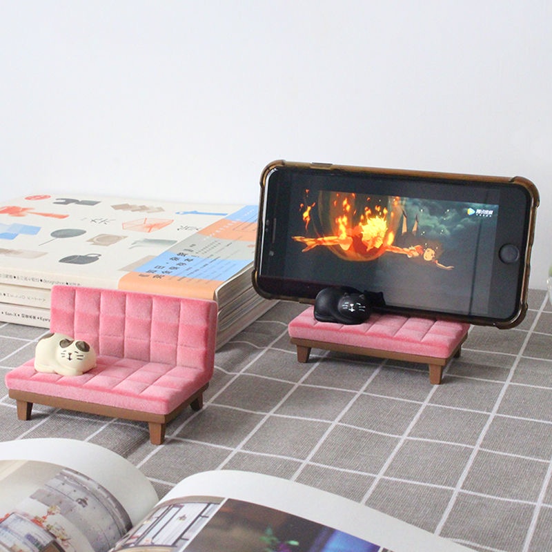 Cute Kawaii Phone Stand Cartoon Calico Black Cat Stretch Watching TV ...