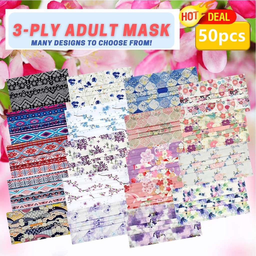 Floral Rose Lily Crane Sakura Face Mask for Adult 50PCS 3PLY Cartoon ...