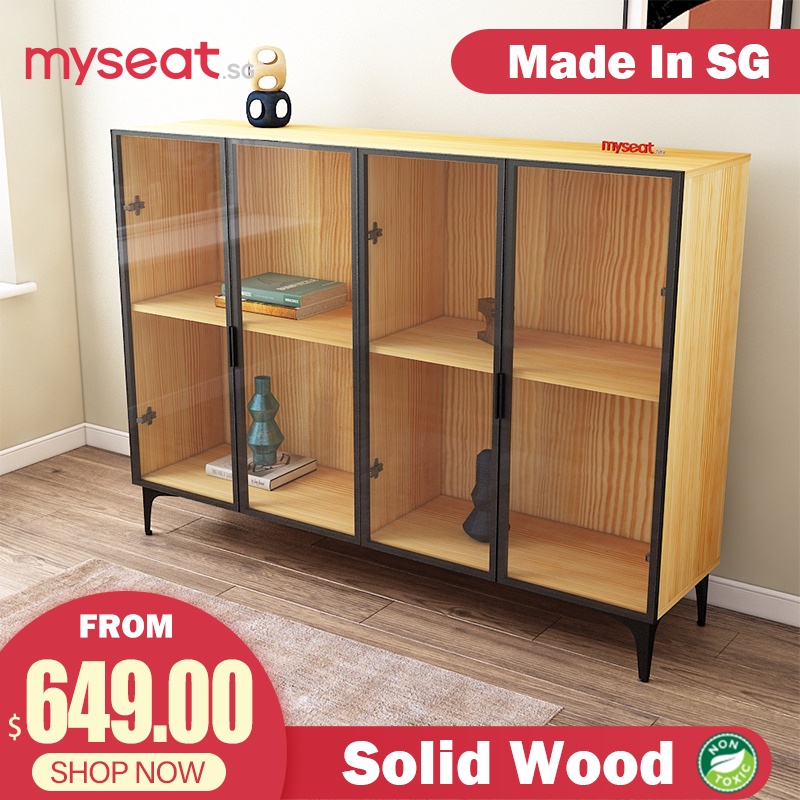 MYSEAT.sg JIM Glass door Solid Wood Display Cabinet | Shopee Singapore