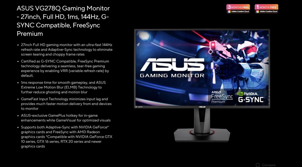 ASUS VG278Q Gaming Monitor - 27inch, Full HD, 1ms, 144Hz, G-SYNC ...