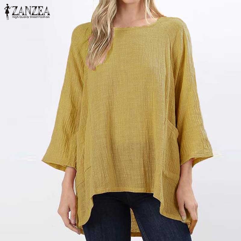 Zanzea Women 3 4 Sleeve Pockets O Neck Casual Loose Blouse Shopee