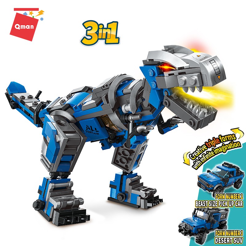 Qman Bricks - 3 in 1 Machinery Dinosaur T-REX & Rover SUV - Premium ...